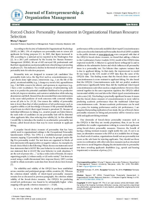 (PDF) Forced-Choice Personality Assessment in Organizational Human ...
