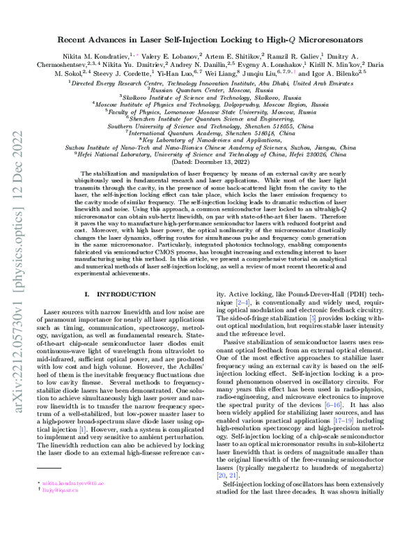 (PDF) Recent Advances in Laser Self-Injection Locking to High-$Q ...