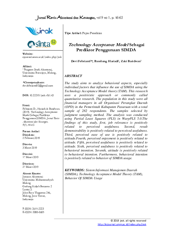 (PDF) Technology Acceptance Model as a Predictor of Simda Usage | Devi Febrianti - Academia.edu