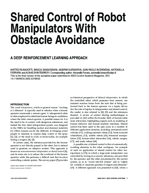 Pdf Shared Control Of Robot Manipulators With Obstacle Avoidance A Deep Reinforcement 6935