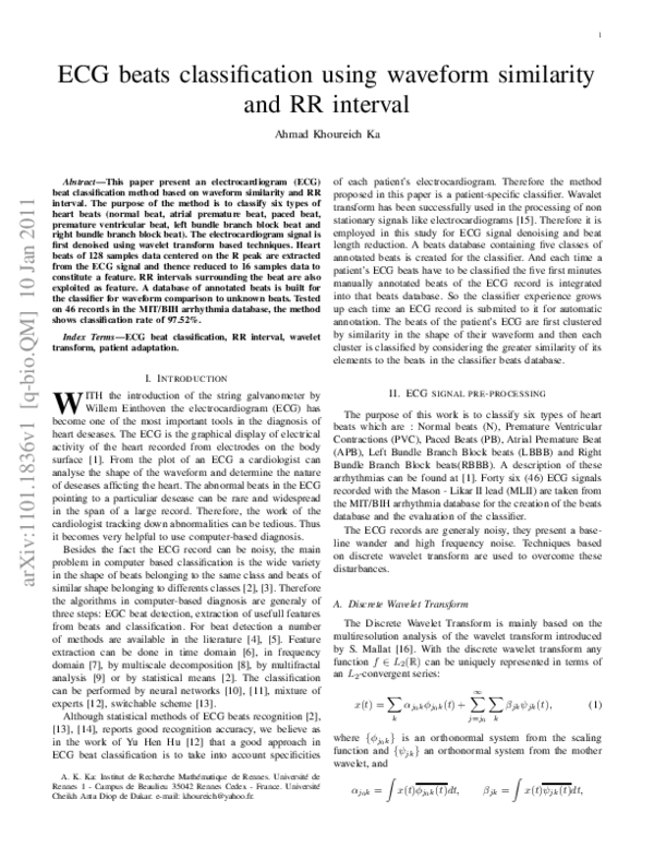 (PDF) ECG beats classification using waveform similarity and RR interval | Ahmad Ka - Academia.edu