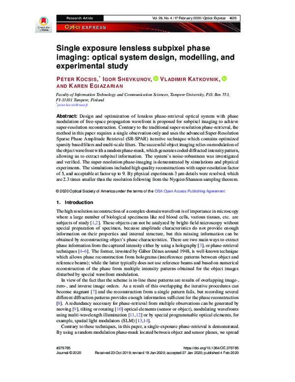 (PDF) Single exposure lensless subpixel phase imaging: optical system design, modelling, and ...