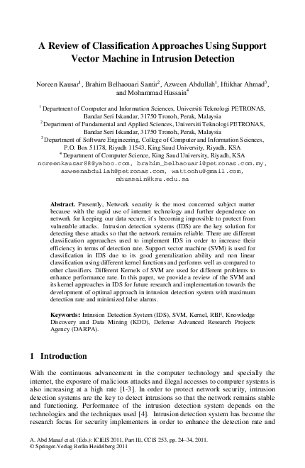 (PDF) A Review of Classification Approaches Using Support Vector Machine in Intrusion Detection