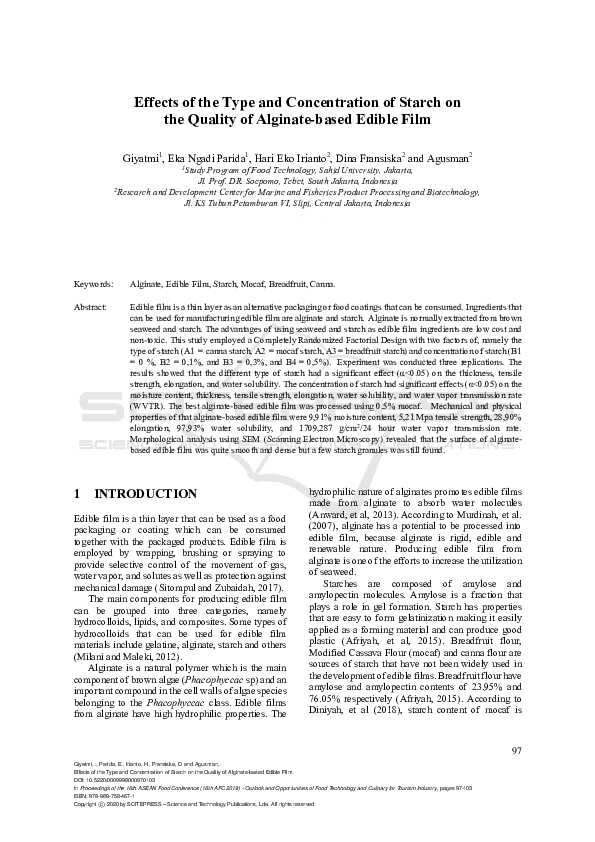 Pdf Effects Of The Type And Concentration Of Starch On The Quality Of Alginate Based Edible Film