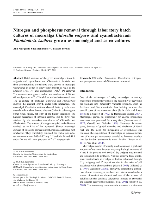 (PDF) Nitrogen and phosphorus removal through laboratory batch cultures ...