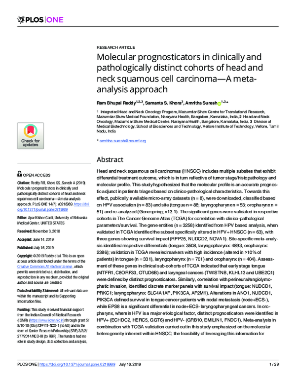 (PDF) Molecular prognosticators in clinically and pathologically distinct cohorts of head and ...