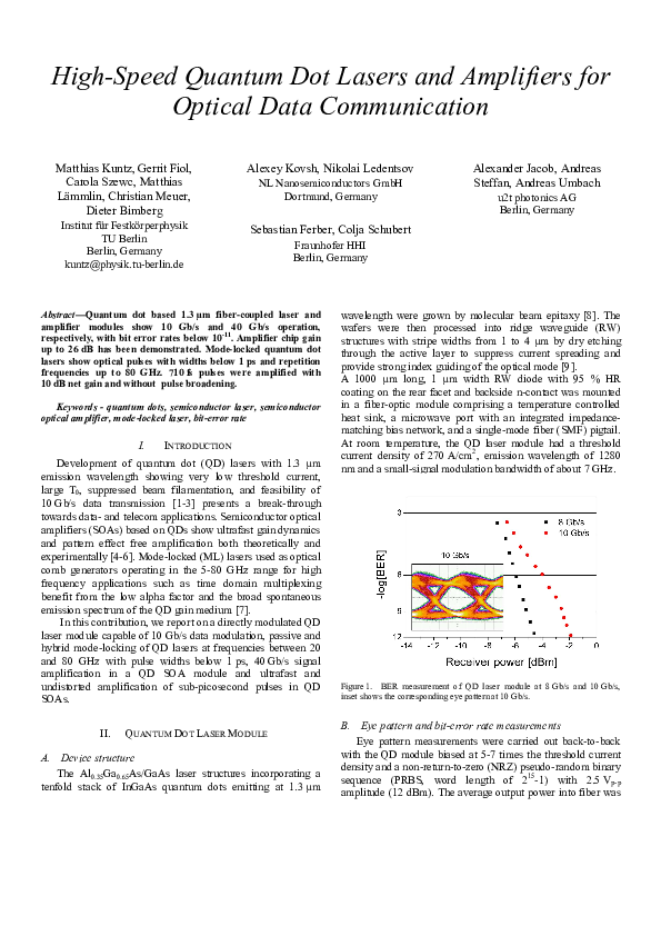 Pdf High Speed Quantum Dot Lasers And Amplifiers For Optical Data
