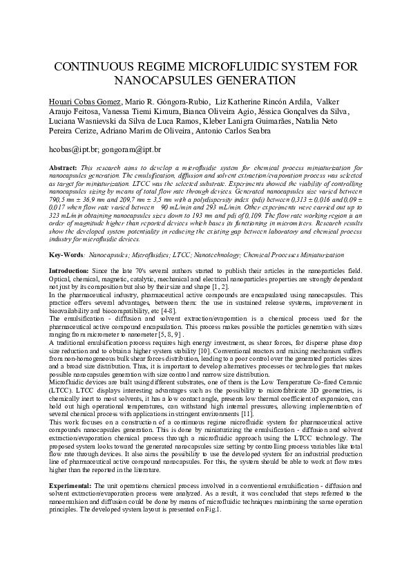 (PDF) Continuous Regime Microfluidic System for Nanocapsules Generation