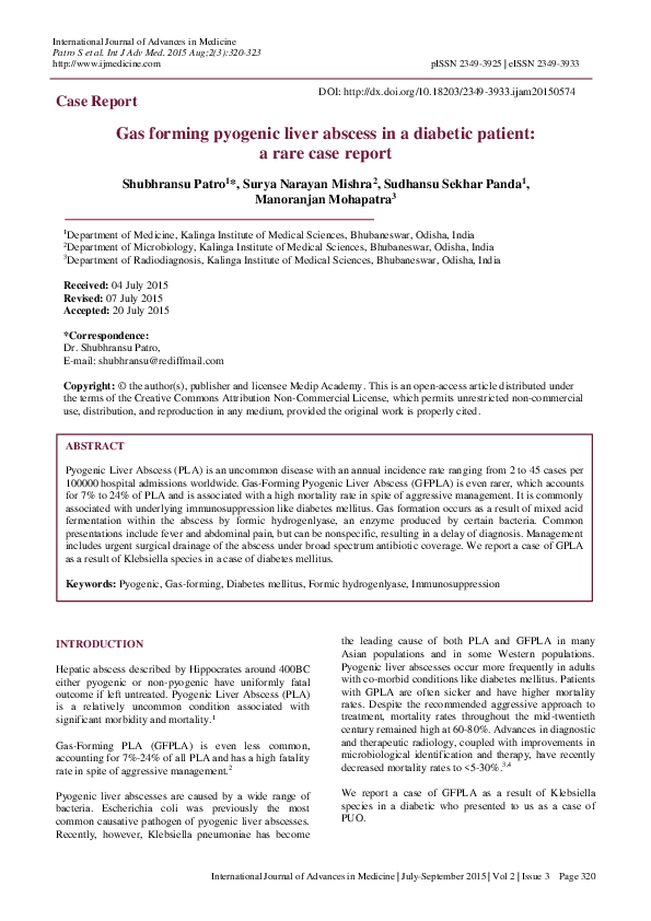 (PDF) Gas forming pyogenic liver abscess in a diabetic patient: a rare ...