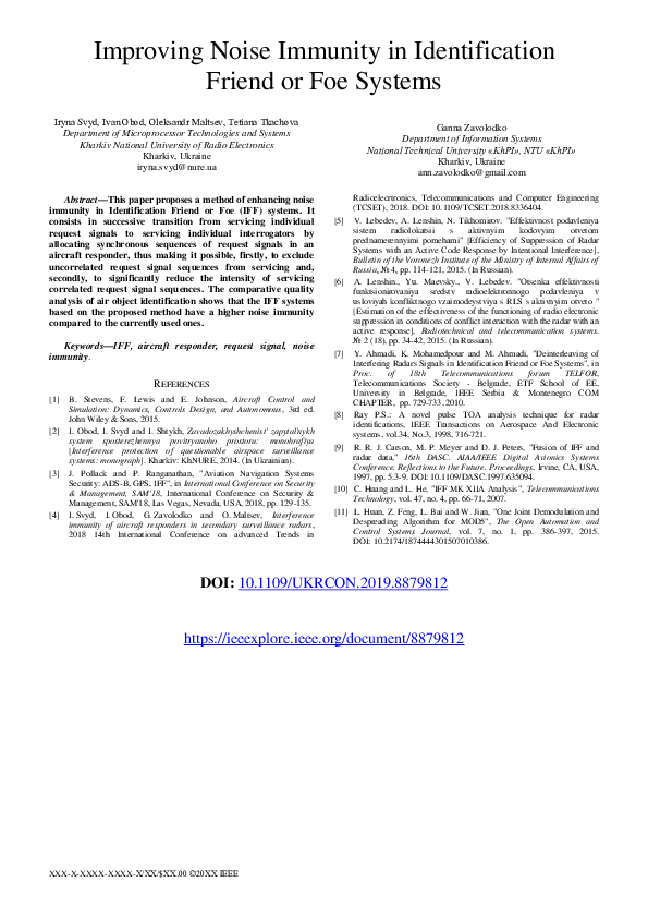 (PDF) Improving Noise Immunity in Identification Friend or Foe Systems