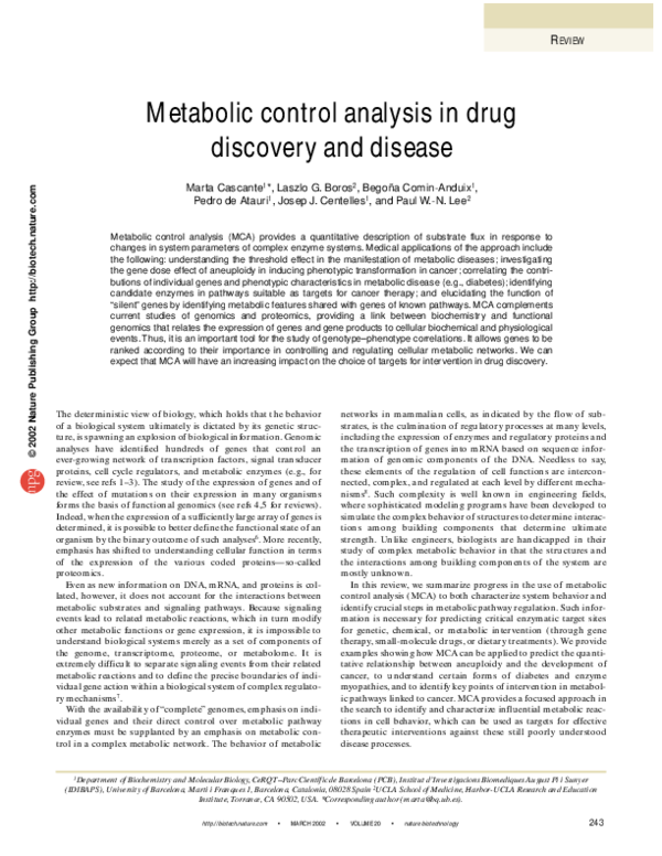 (PDF) Metabolic control analysis in drug discovery and disease