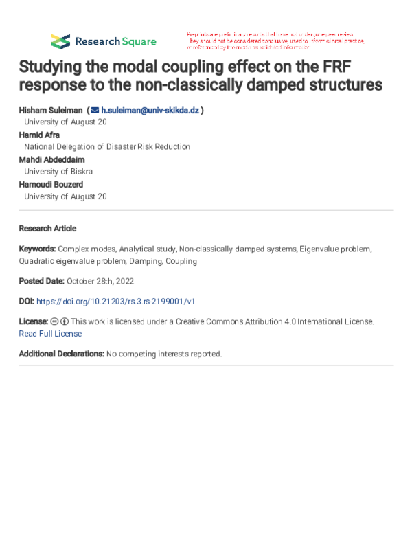 (PDF) Studying the modal coupling effect on the FRF response to the non-classically damped ...