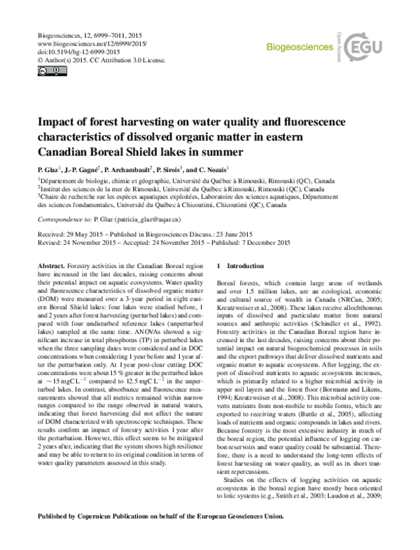 (PDF) Impact of forest harvesting on water quality and fluorescence characteristics of dissolved ...