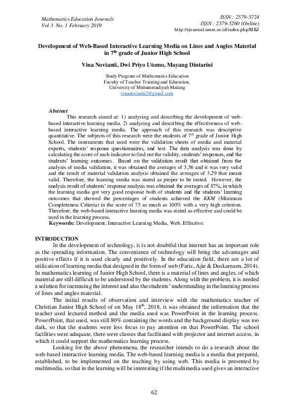 (PDF) Development of Web-Based Interactive Learning Media on Lines and Angles Material in 7th ...