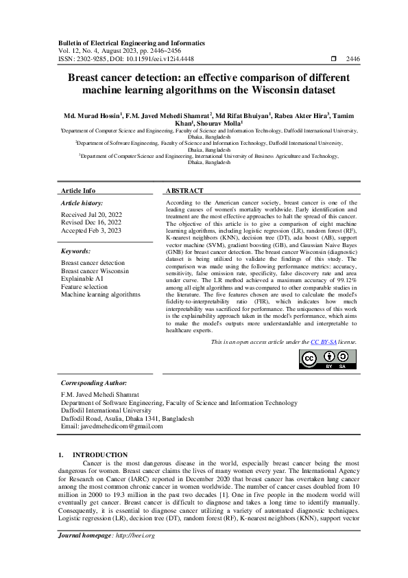 (PDF) Breast cancer detection: an effective comparison of different machine learning algorithms ...