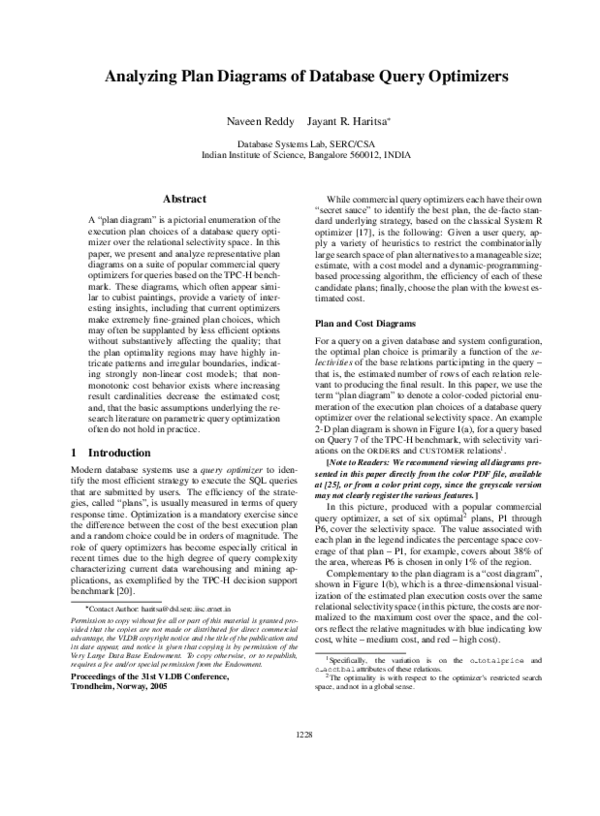 (PDF) Analyzing Plan Diagrams of Database Query Optimizers
