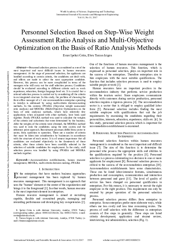 (PDF) Personnel Selection Based On Step-Wise Weight Assessment Ratio Analysis And Multi ...
