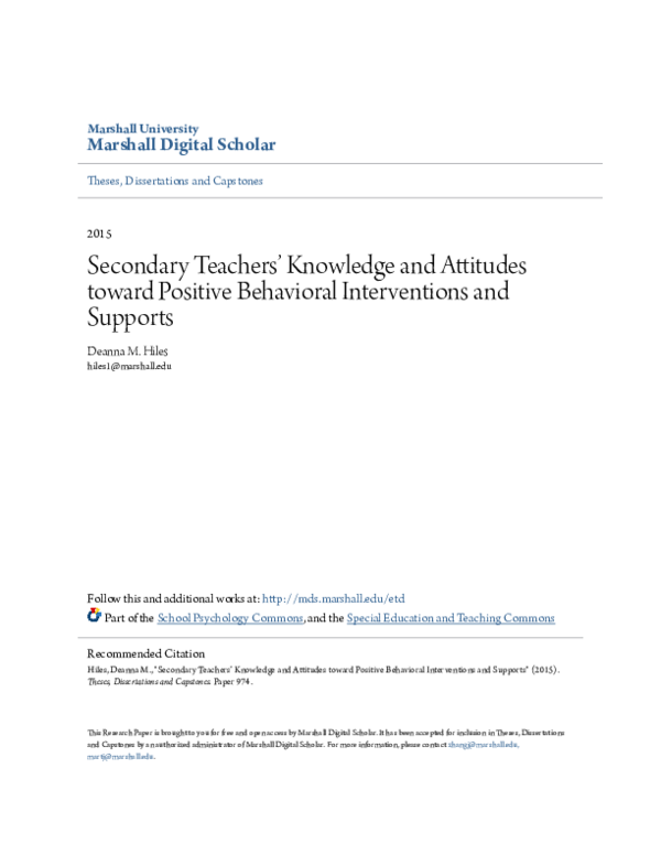 (PDF) Secondary Teachers’ Knowledge and Attitudes toward Positive Behavioral Interventions and ...