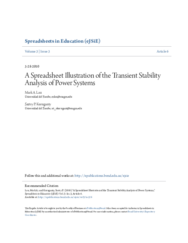 (PDF) A Spreadsheet Illustration of the Transient Stability Analysis of Power Systems