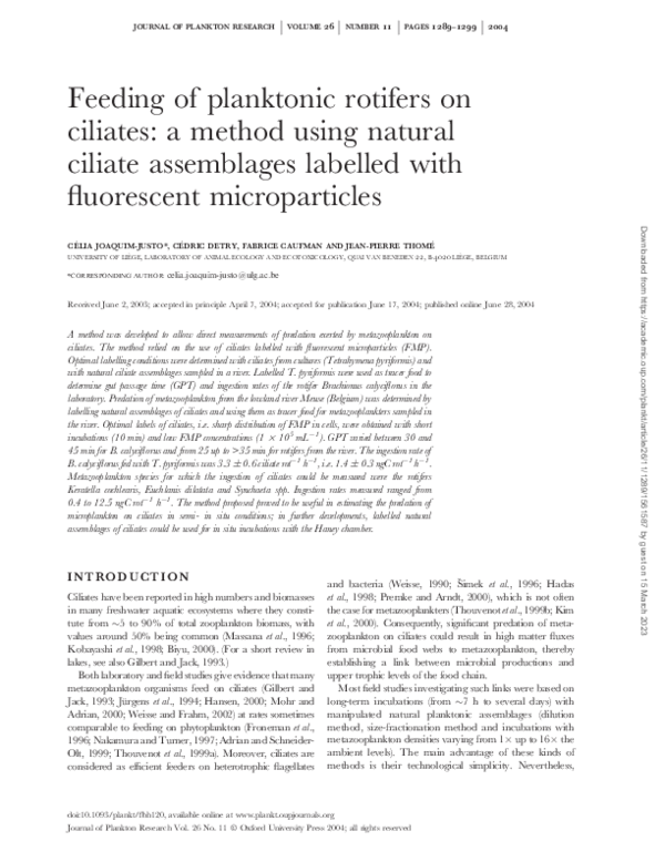 (PDF) Feeding of planktonic rotifers on ciliates: a method using ...