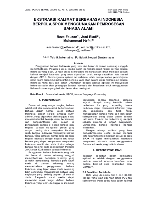 (PDF) Ekstraksi Kalimat Berbahasa Indonesia Berpola SPOK Menggunakan ...