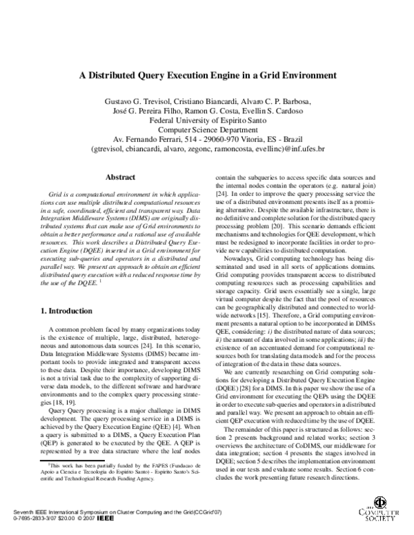 (PDF) Distributed Query Execution in Grid Systems