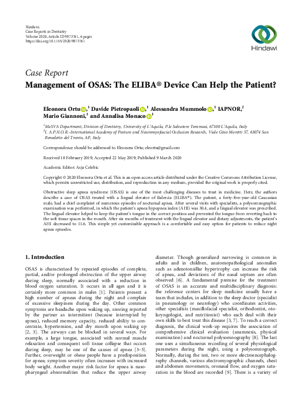 (PDF) Management of OSAS: The ELIBA® Device Can Help the Patient ...