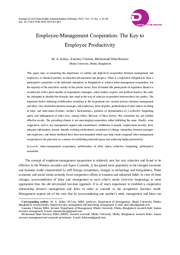 (PDF) Employee-Management Cooperation: The Key to Employee Productivity