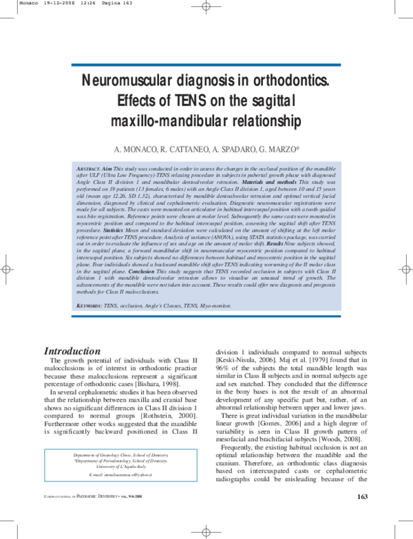 (PDF) Neuromuscular diagnosis in orthodontics: effects of TENS on maxillo-mandibular relationship