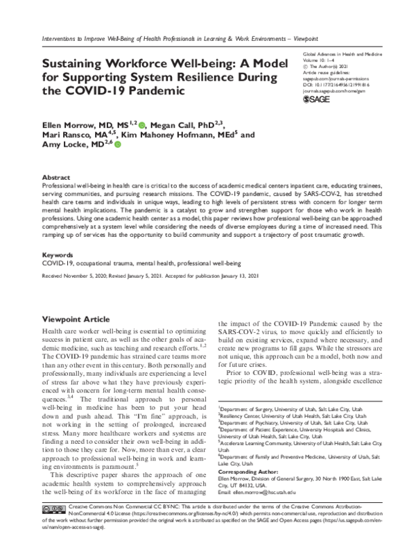 (PDF) Sustaining Workforce Well-being: A Model for Supporting System Resilience During the COVID ...