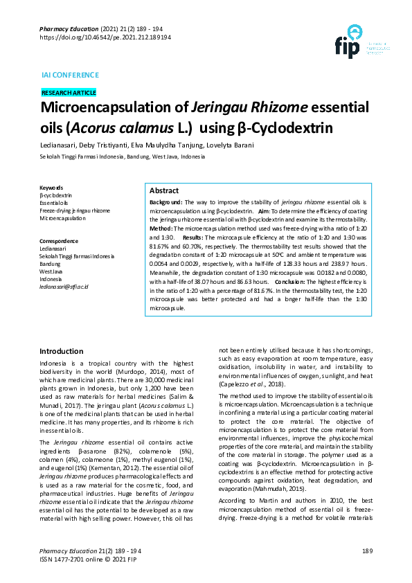 (PDF) Microencapsulation of Jeringau Rhizome essential oils (Acorus ...