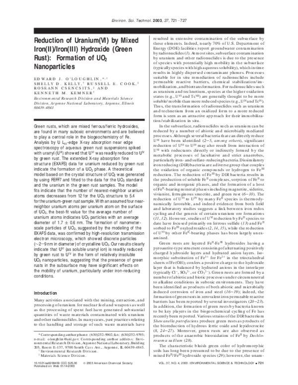 (PDF) Reduction of Uranium(VI) by Mixed Iron(II)/Iron(III) Hydroxide (Green Rust): Formation of ...