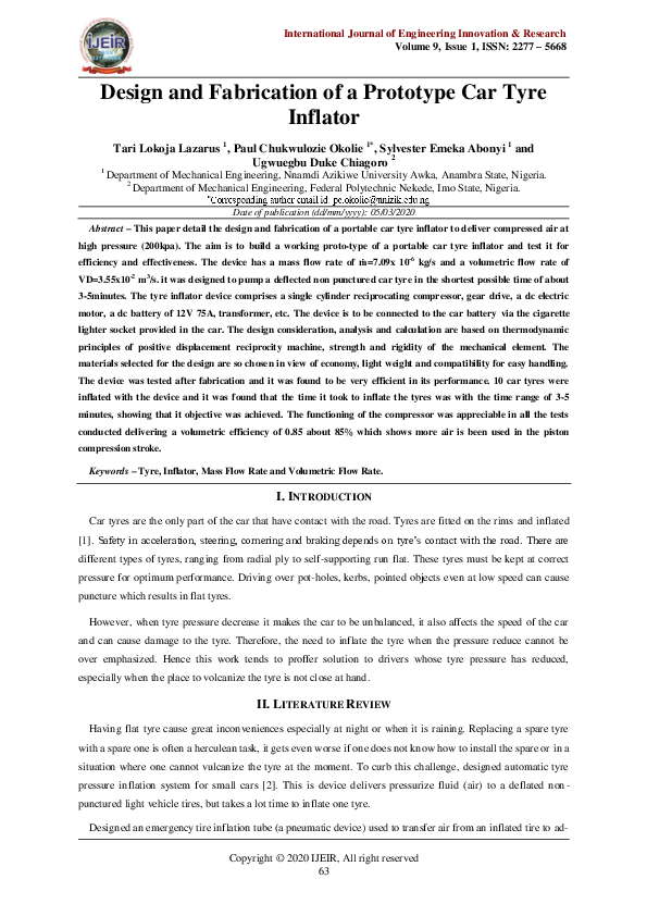 (PDF) Design and Fabrication of a Prototype Car Tyre Inflator