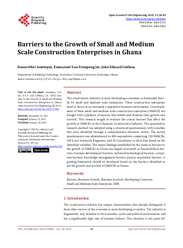 (PDF) Barriers to the Growth of Small and Medium Scale Construction Enterprises in Ghana
