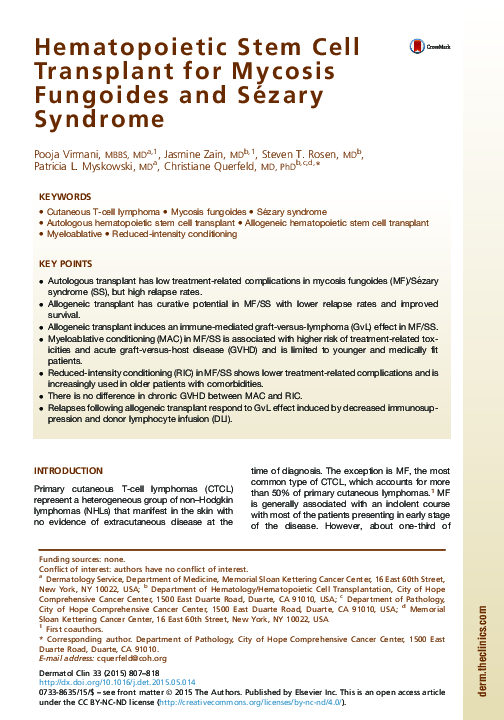 (PDF) Hematopoietic Stem Cell Transplant for Mycosis Fungoides and Sézary Syndrome