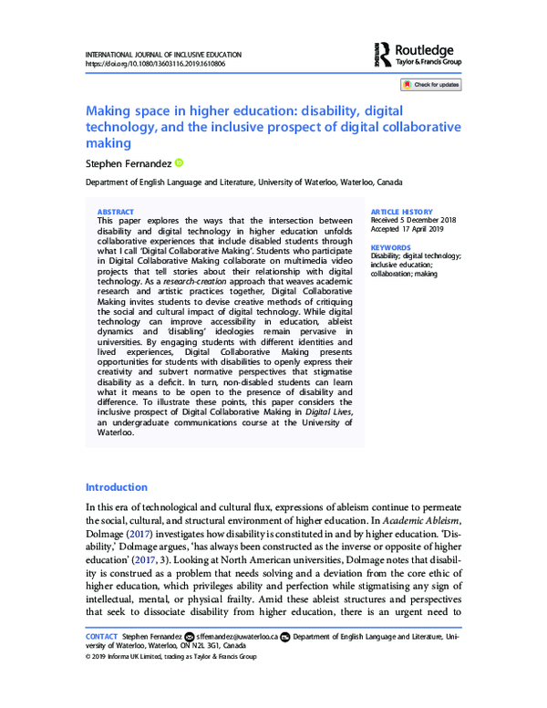 (PDF) Making Space in Higher Education: Disability, Digital Technology ...