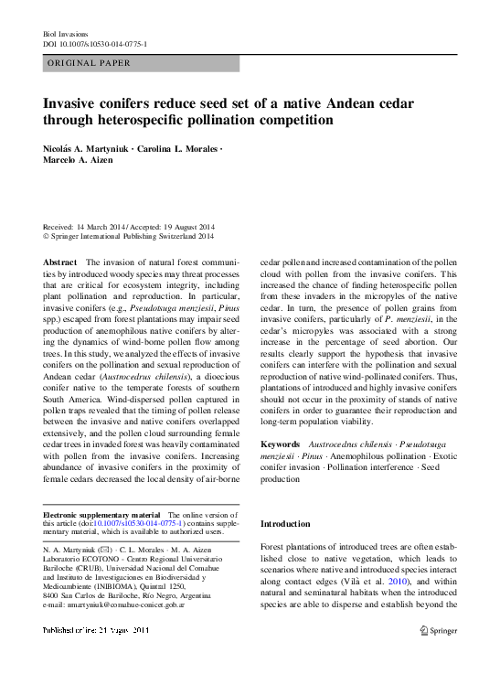 (PDF) Invasive conifers reduce seed set of a native Andean cedar ...