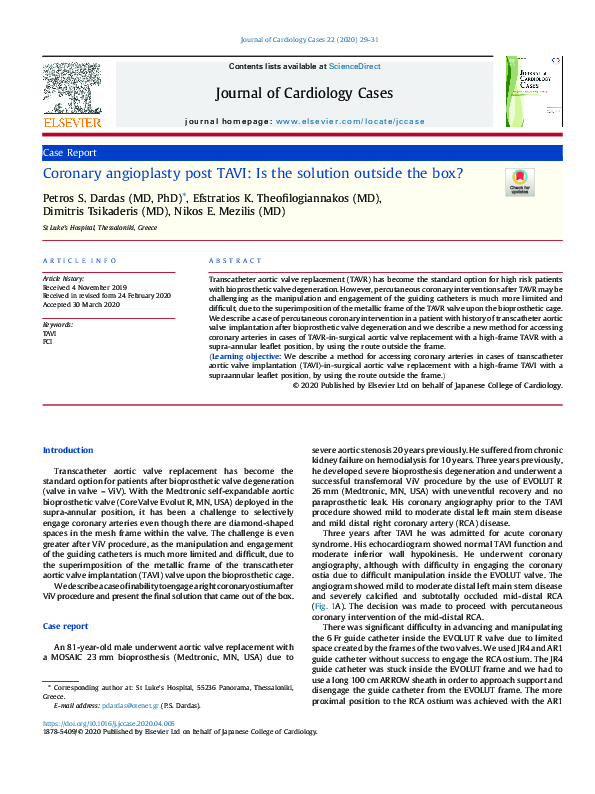 (PDF) Coronary angioplasty post TAVI: Is the solution outside the box?