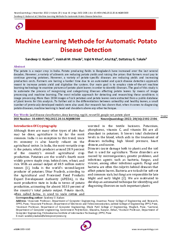Pdf 2106 17 Potato Disease Detection Using Machine Learning