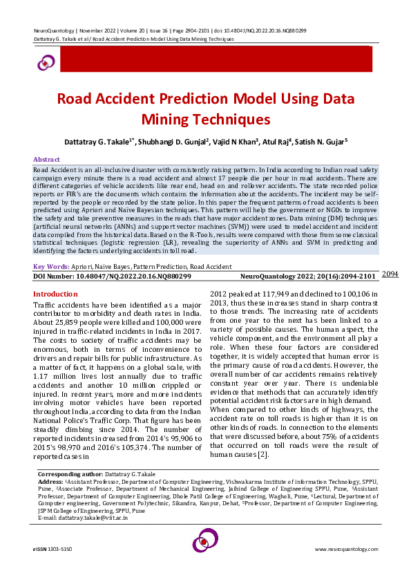 Pdf Road Accident Prediction Model Using Data Mining Techniques Dr Dattatray G Takale