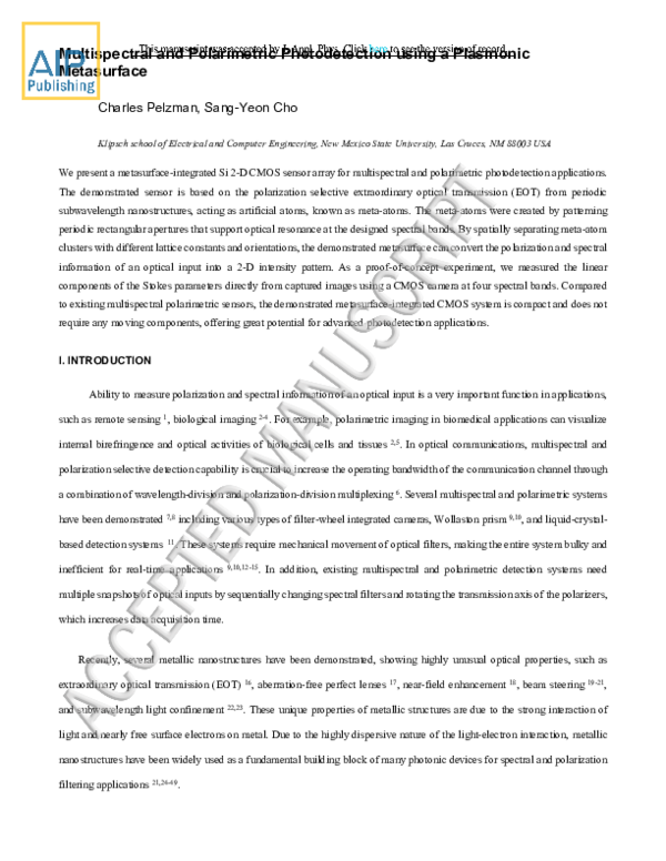 (PDF) Multispectral and polarimetric photodetection using a plasmonic ...
