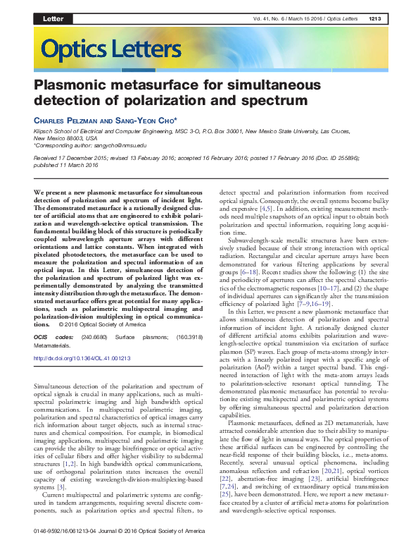 (PDF) Plasmonic metasurface for simultaneous detection of polarization and spectrum