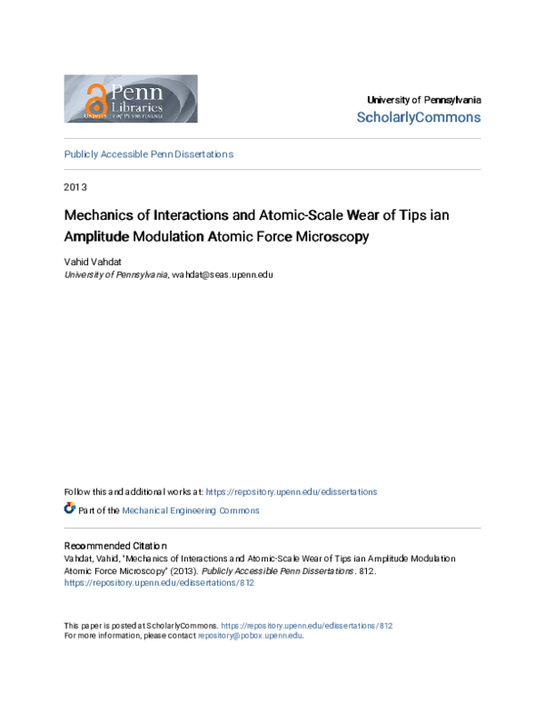 (PDF) Mechanics of interactions and atomic-scale wear of tips in amplitude modulation atomic ...