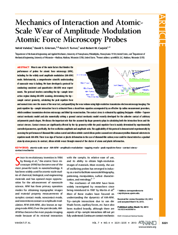 (PDF) Mechanics of Interaction and Atomic-Scale Wear of Amplitude Modulation Atomic Force ...