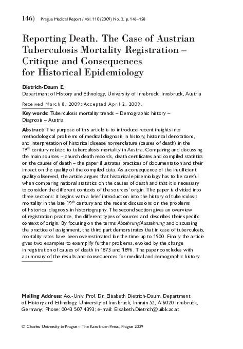 (PDF) Reporting death. The case of Austrian tuberculosis mortality ...