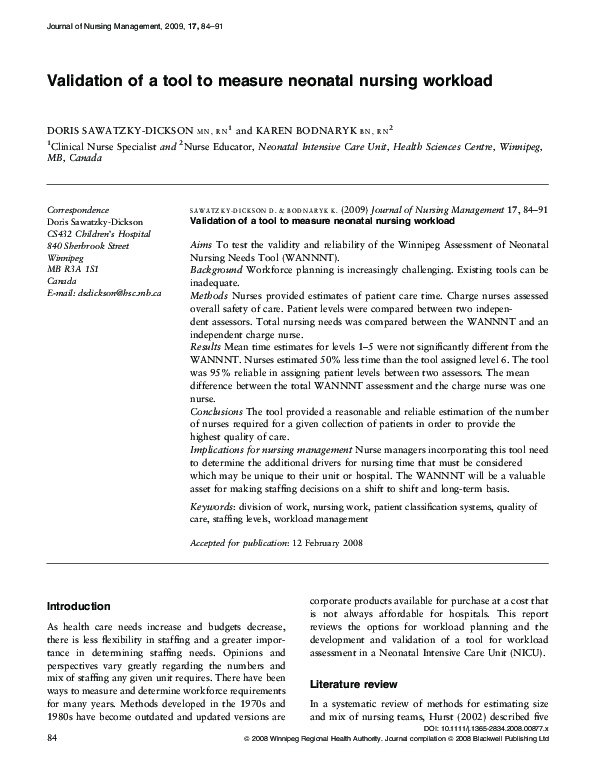 (PDF) Validation of a tool to measure neonatal nursing workload