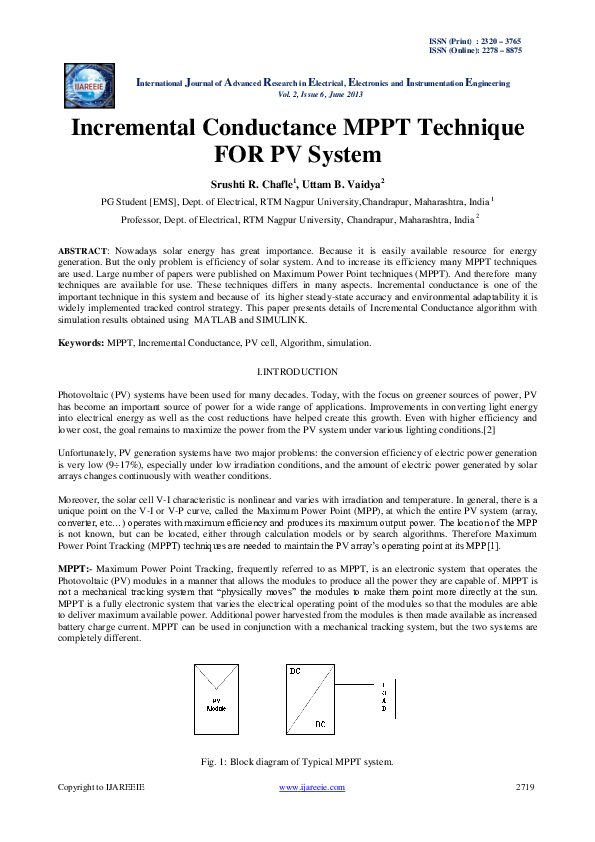 Pdf Incremental Conductance Mppt Techniquefor Pv System