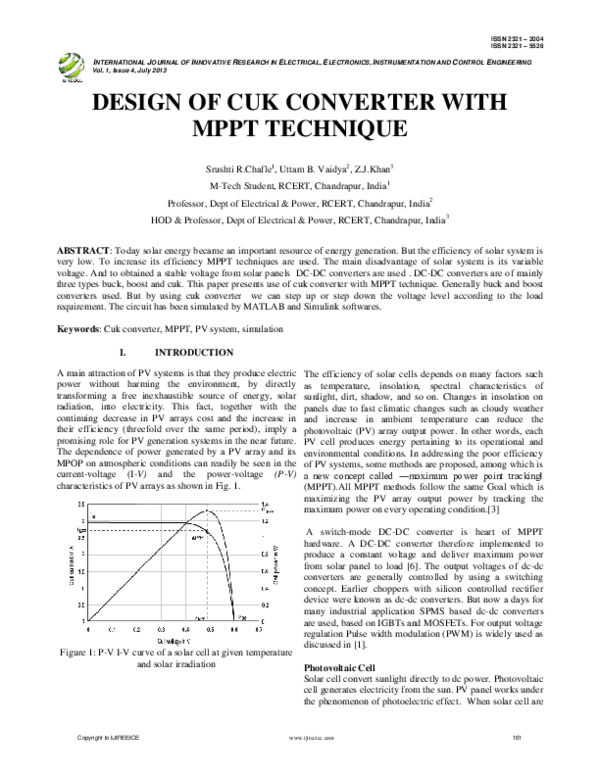 (PDF) Design of Cuk Converter with MPPT Technique | Uttam Vaidya - Academia.edu