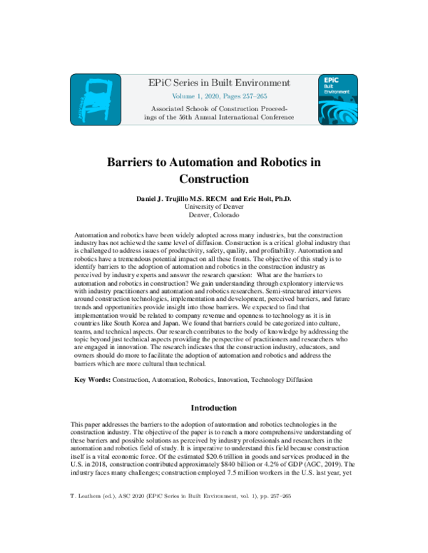 Pdf Barriers To Automation And Robotics In Construction