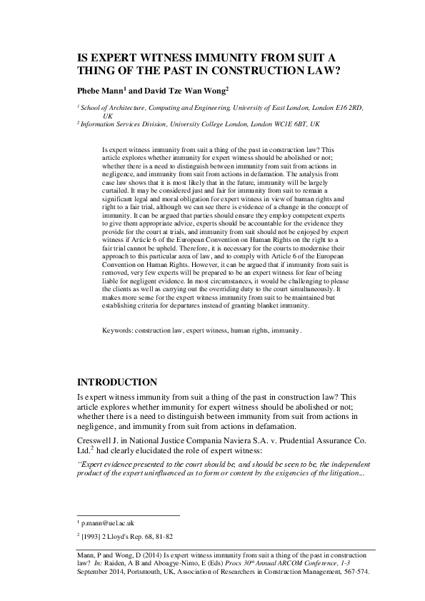 (PDF) Is Expert Witness Immunity from Suit a Thing of the Past in ...